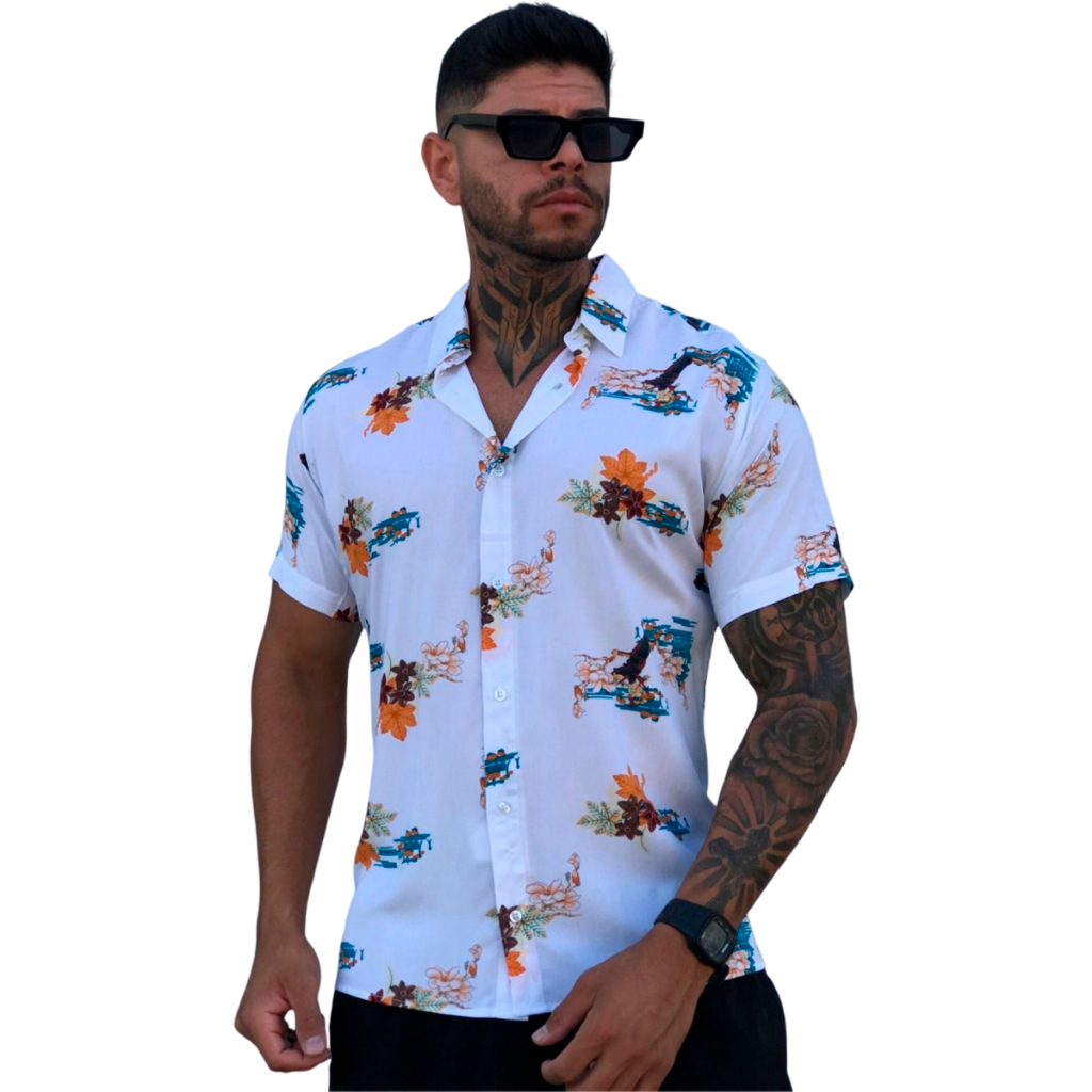 Camisa Estampada Floral Camiseta Masculina Slim Manga Curta Social ...