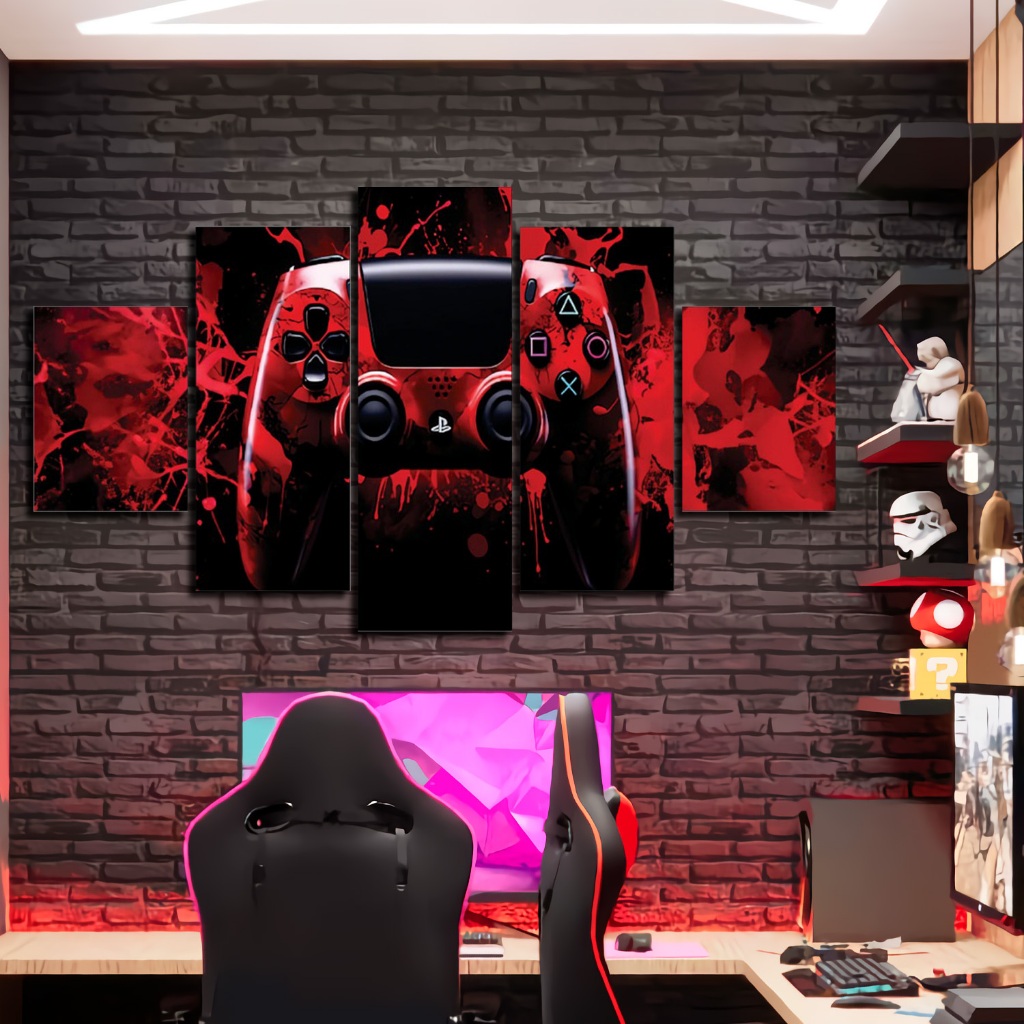 Kit 5 Quadros Decorativos Mosaico 5 Peças Gamer Jogos Controle Colorido ...
