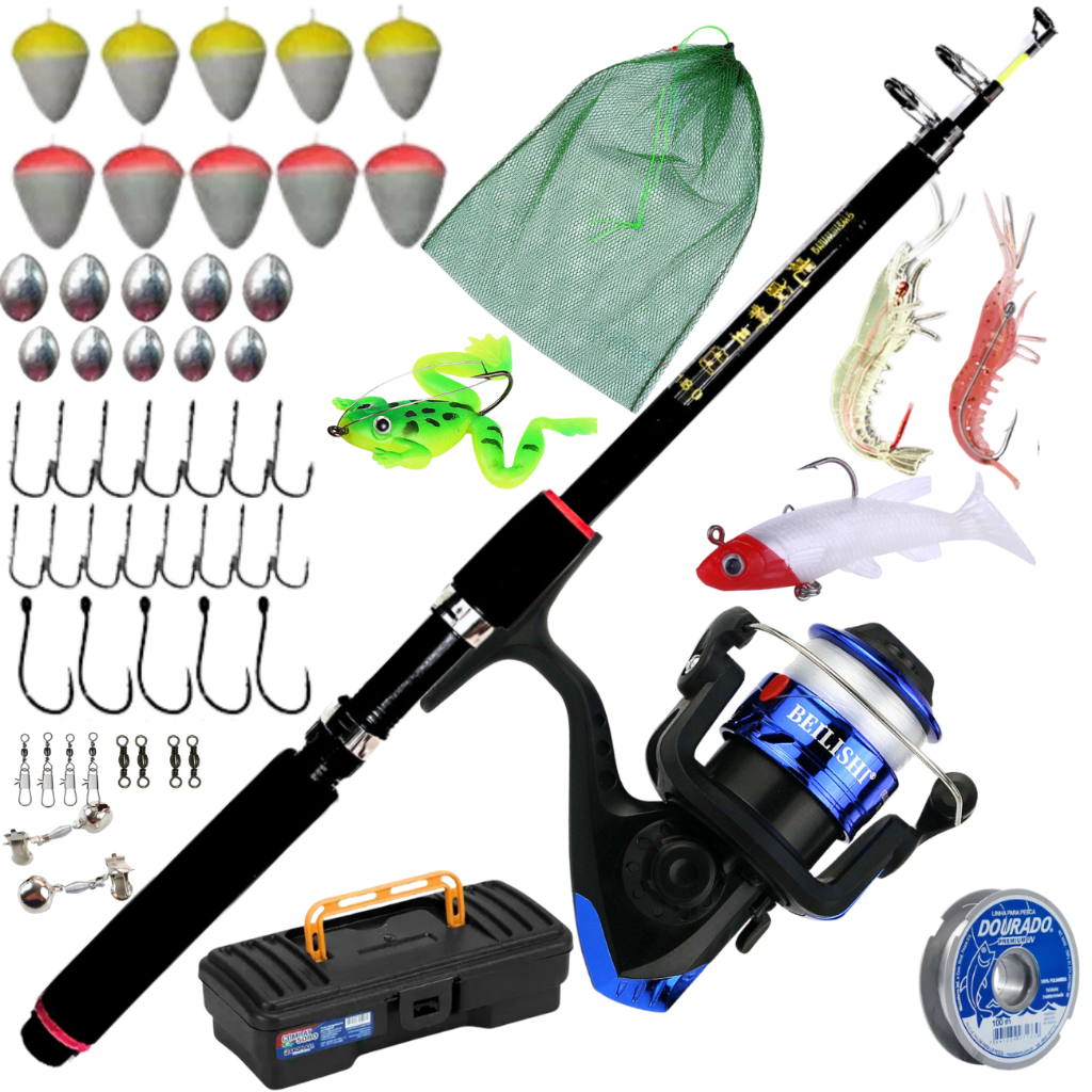 KIT VARA PESCA TELESCOPICA MOLINETE ISCA ARTIFICIAL SAPINHO CAIXA DE ...