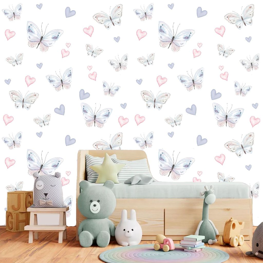 Papel De Parede Adesivo Lavável Borboletas E Corações In201 | Shopee Brasil