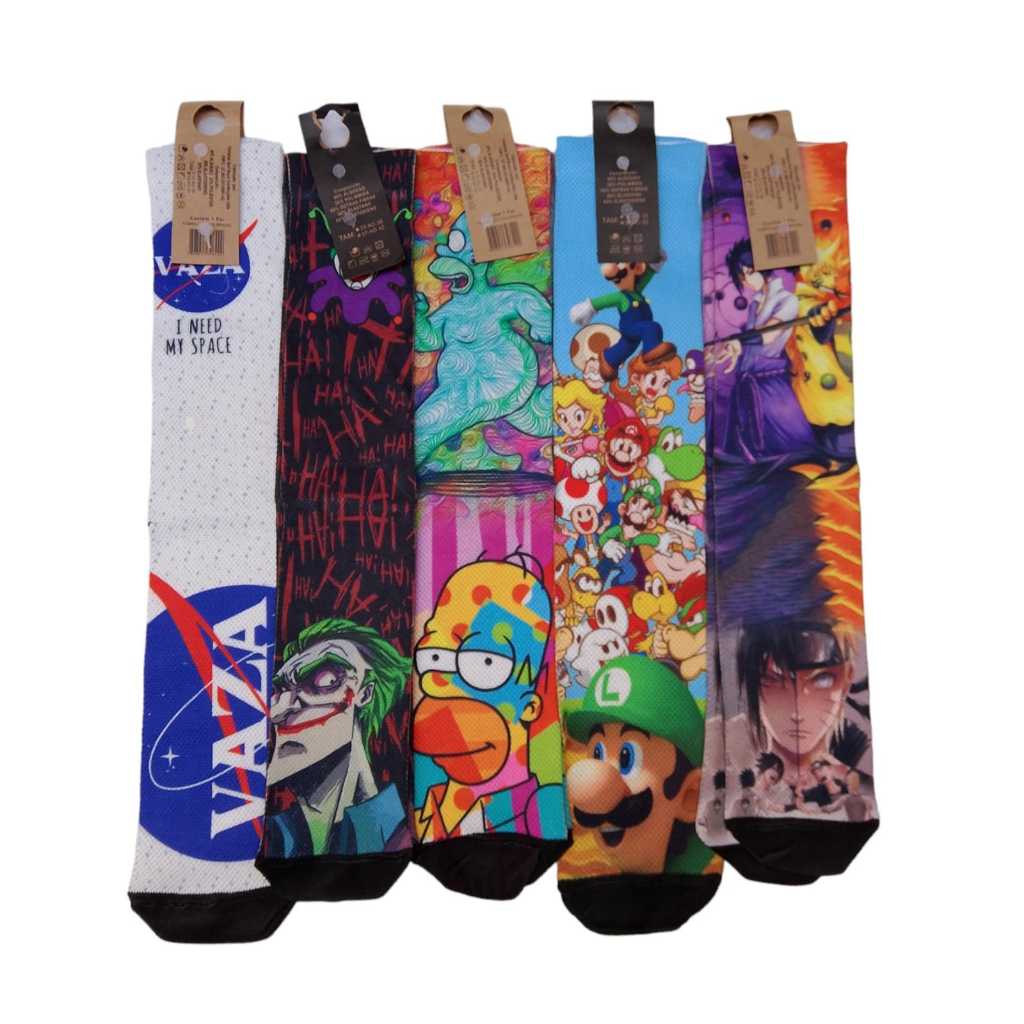 Kit 5 Pares De Meia Divertidas Personagens Animados Cano Alto Skate