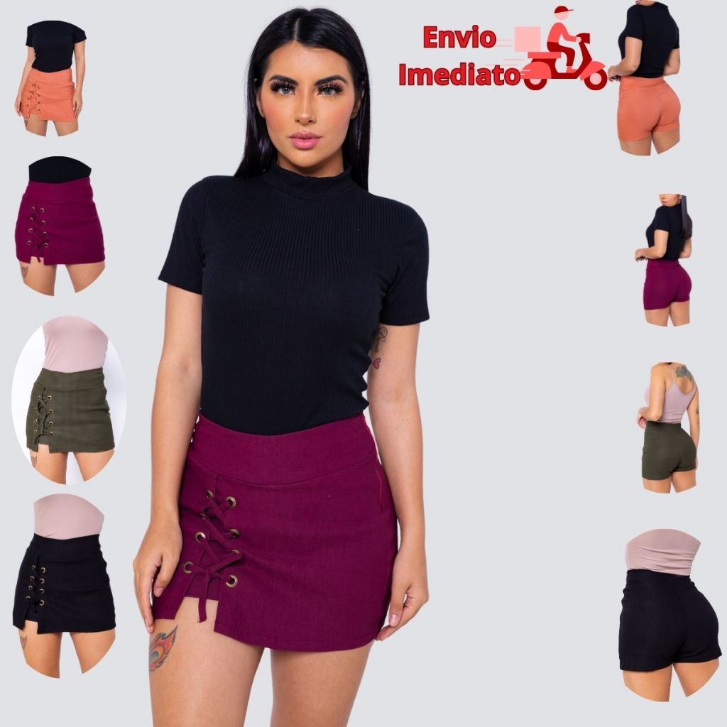 Shorts Saia Feminina Cintura Alta Chorte Curto Com Ilhós e Zíper ...