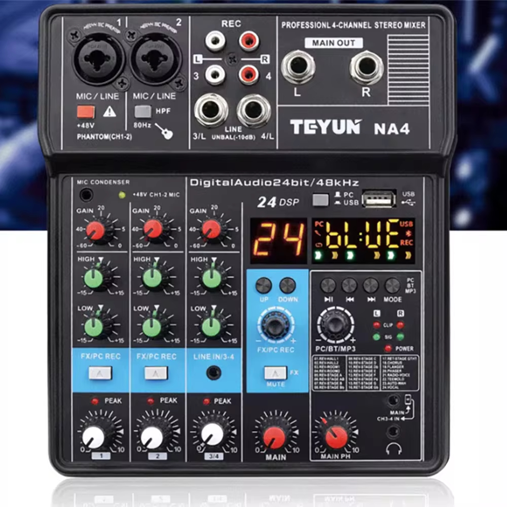 TEYUN-4-Channel Mini Mixer De Áudio, Profissional Placa De Som, Console De Computador, Entrada ...