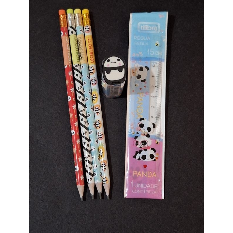 Kit Panda, com 4 lápis Léo e Léo, borracha Tilibra, régua 15 cm Tilibra ...