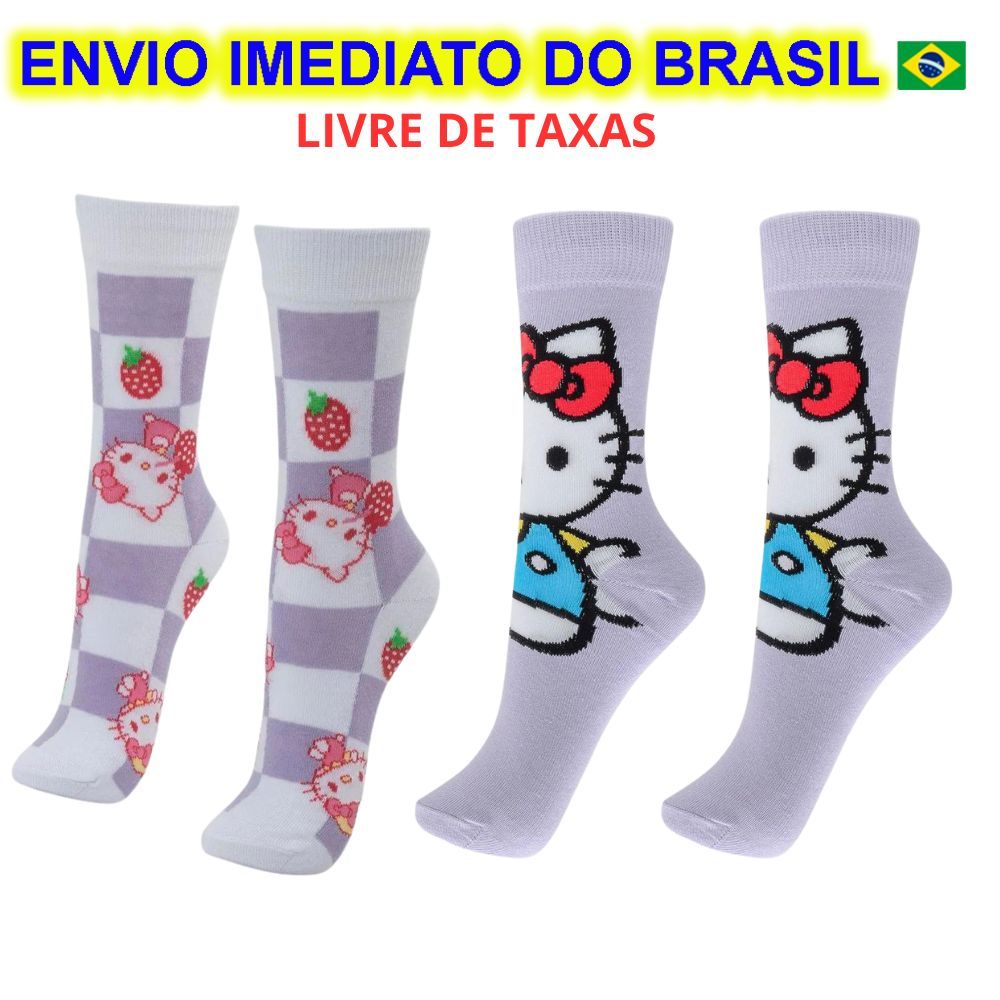 Meias Cano Longo Alto Femininas Divertidas com Personagens Hello Kitty ...