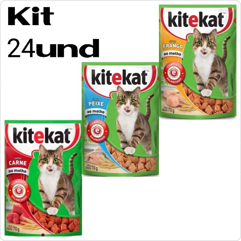 KIT 24 UND sachê: KITEKAT sabor CARNE, PEIXE, FRANGO 70g | Shopee Brasil