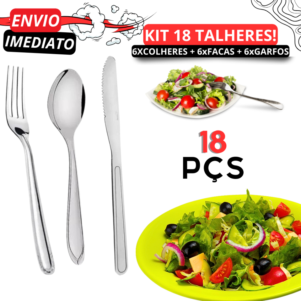 Jogo Kit 18 Talheres Inox para Cozinha 6 Garfos 6 Colheres 6 Facas ...
