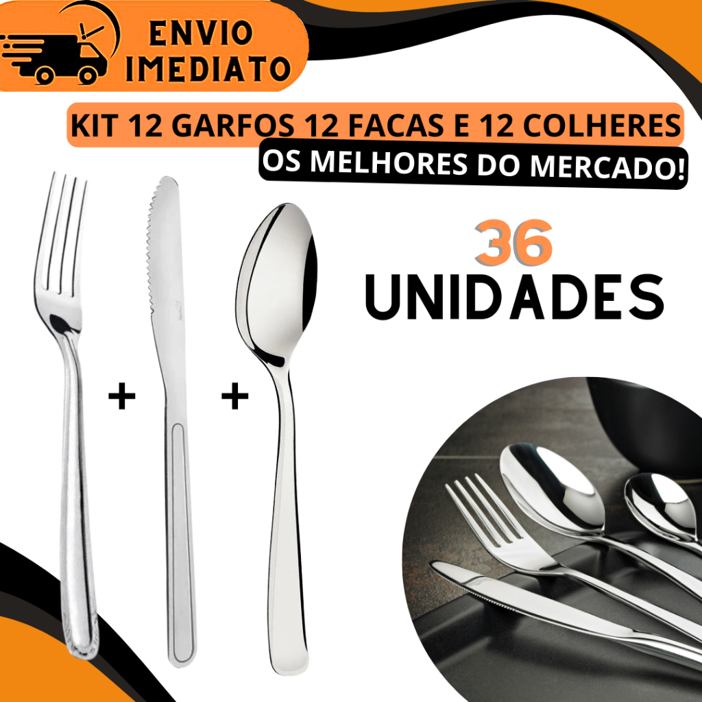 Kit 36 Talheres Aço Inox PREMIUM Faca 12 Garfos 12 Facas e 12 Colheres ...
