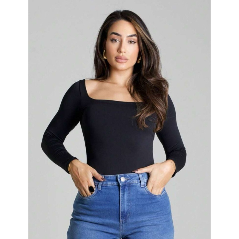 Body Feminino Decote Quadrado Manga Longa Suplex Collant Segunda Pele ...