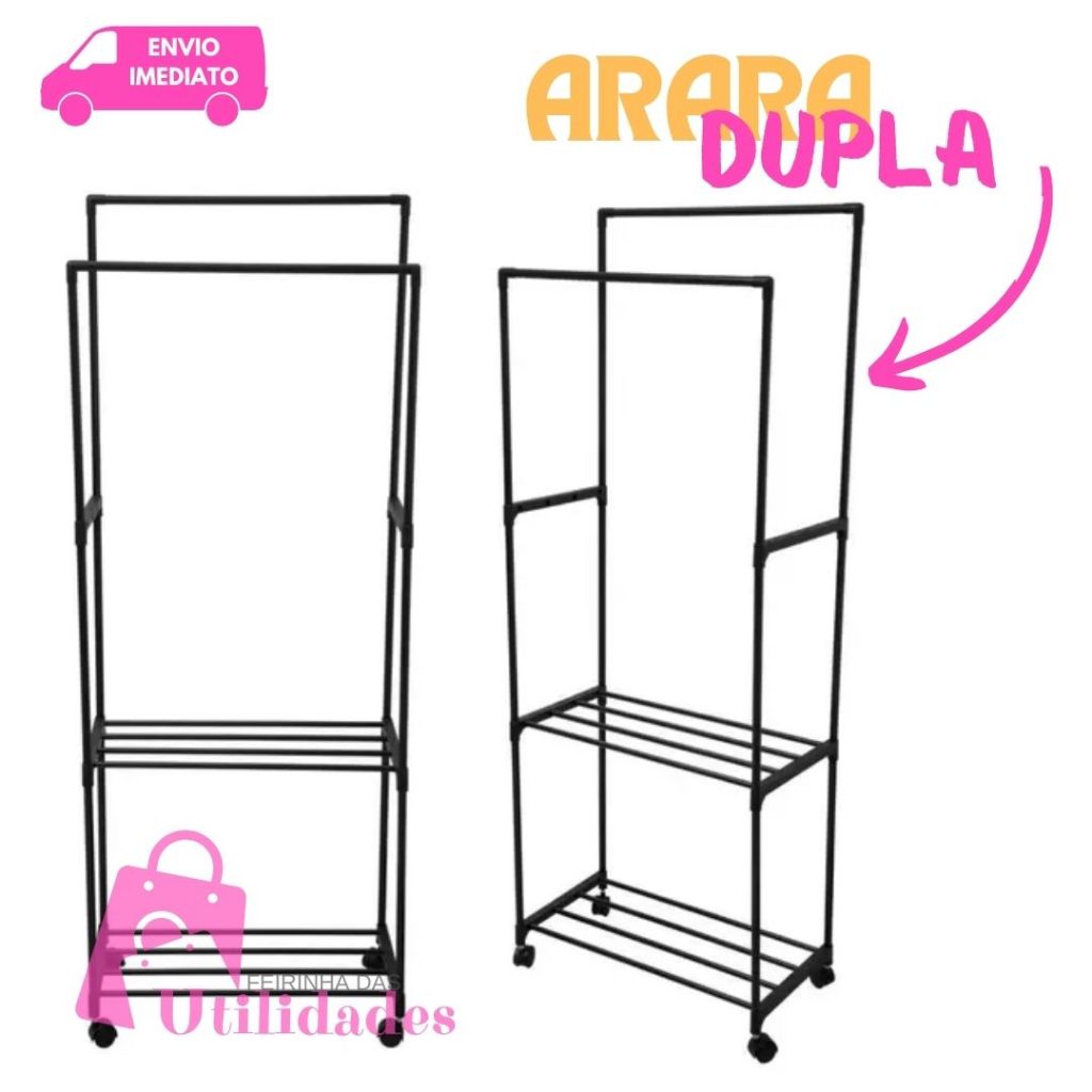 Arara Dupla Para Roupas Com Sapateira Duas Prateleiras Altura 148cm De ...