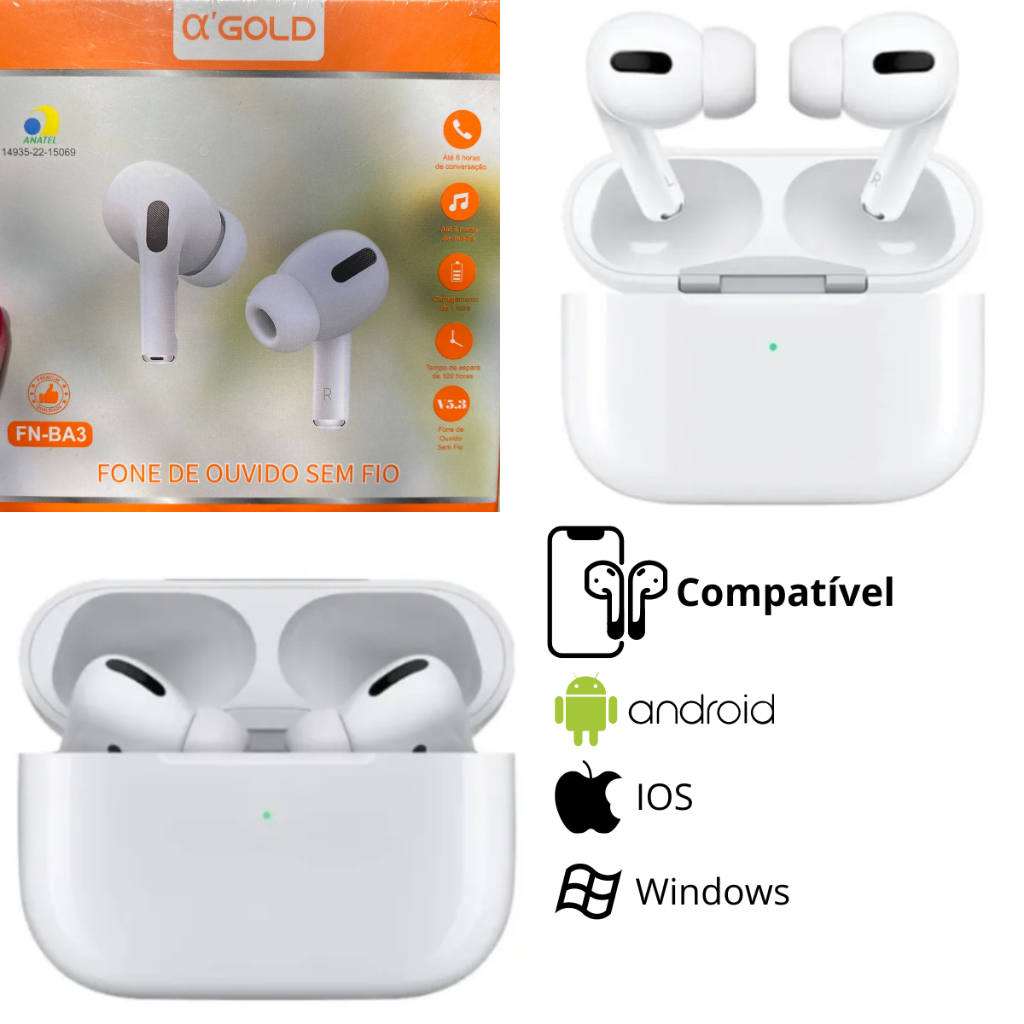 Fone de Ouvido sem fio Bluetooth Premium a’gold FN-BA3 Branco | Shopee ...