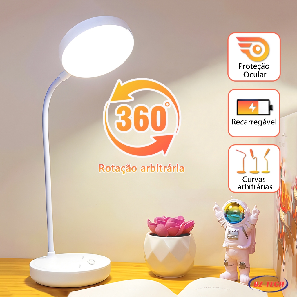 Luminária De Mesa Recarregável Portátil Leitura LED Lâmpada Cabeceira ...