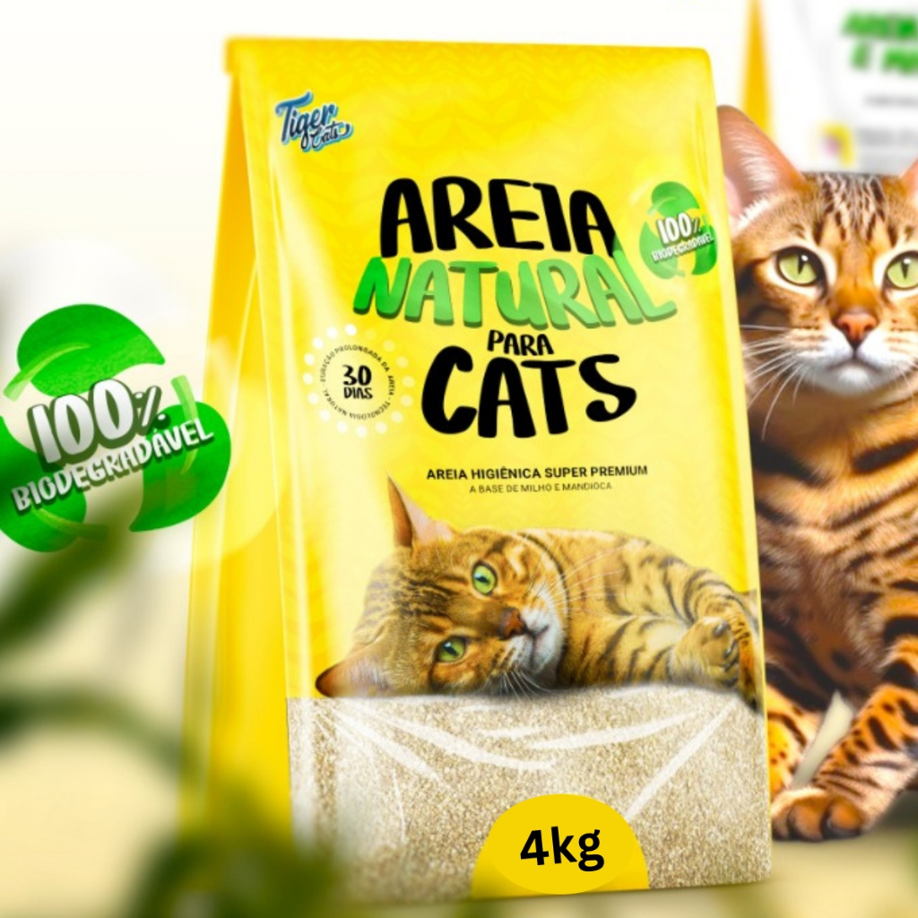 Areia Higiênica Biodegradável Natural Milho e Mandioca Para Gatos 4kg e 2,5 kg Tiger Cats Areia ...