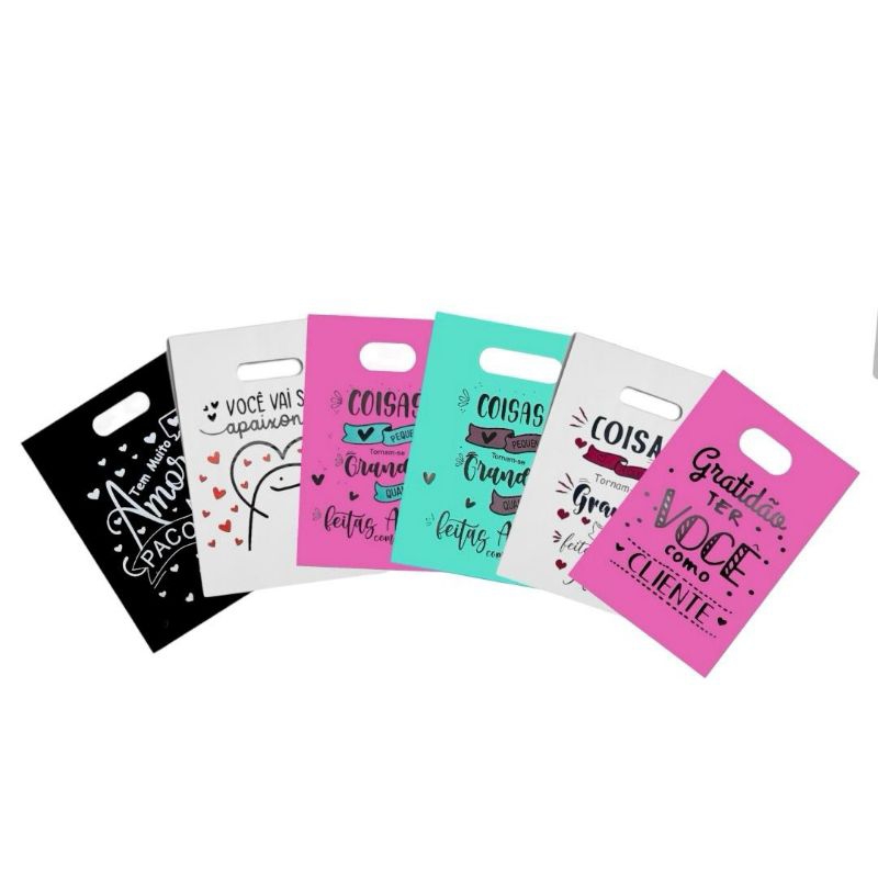 50 sacolas boca de palhaço ou vasada 20X30 e 30X40 com frases preta ou ...