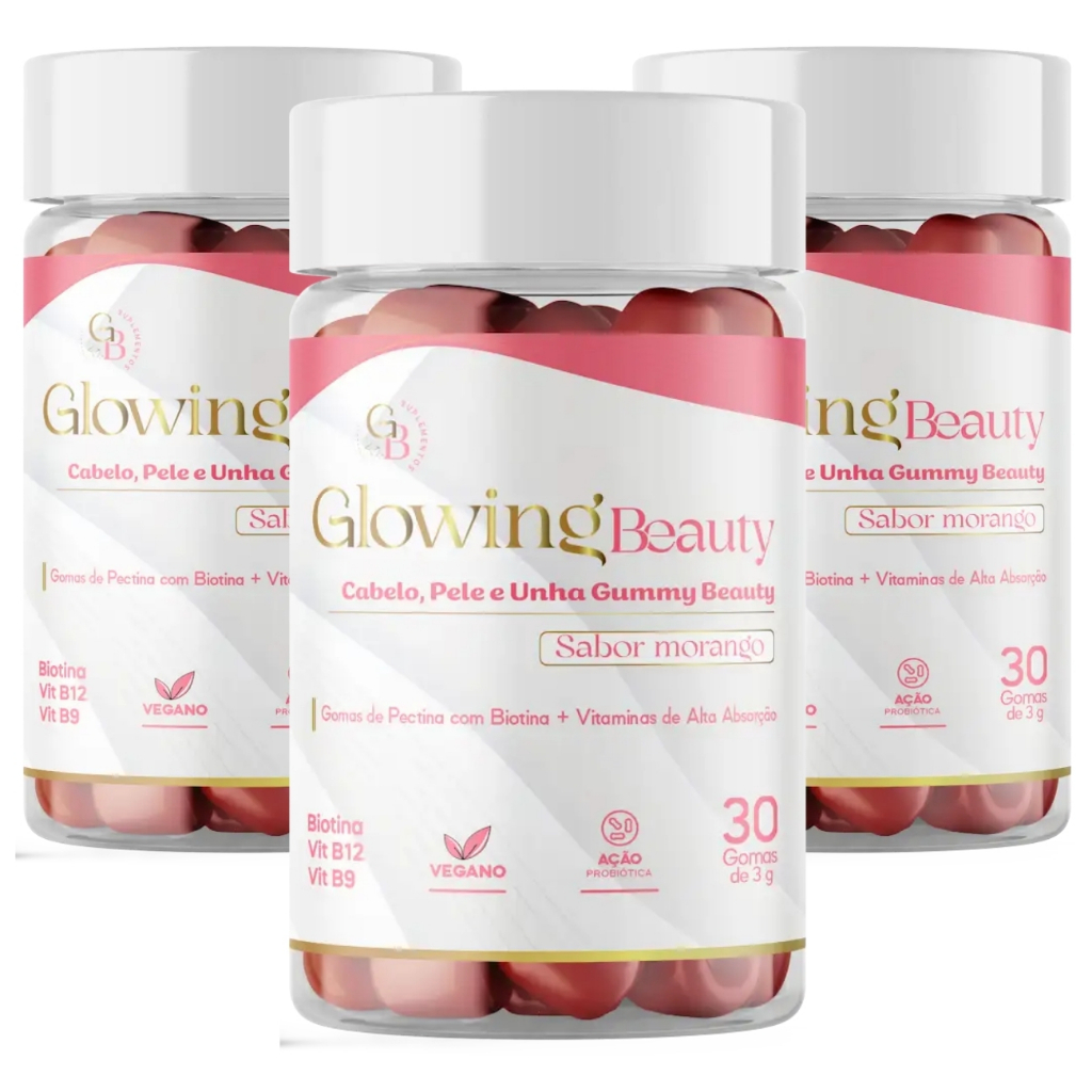 Kit 3 Potes De Gomas Gummy Beauty Cabelos Pele e Unhas Sabor Morango ...