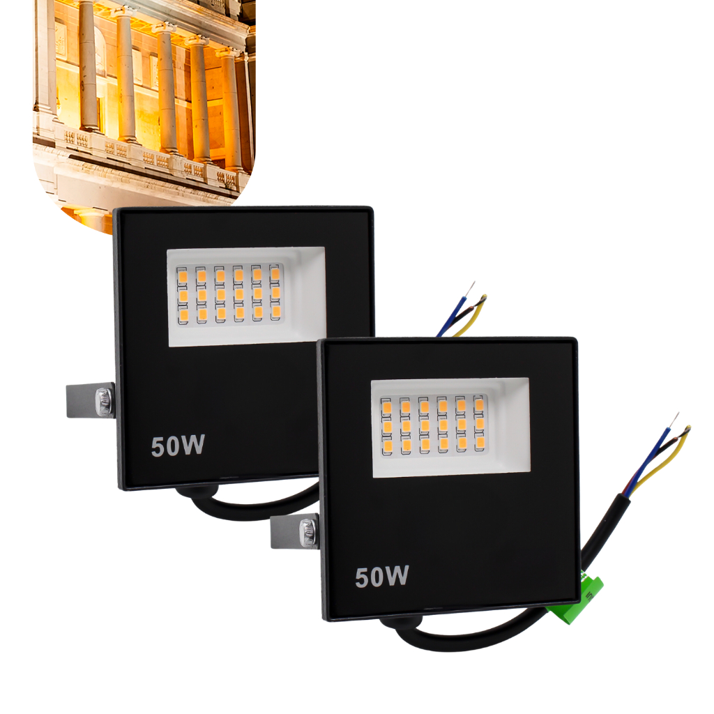 Kit 2 Refletor Led 50w Holofote Bivolt Prova D'água Luz Branco Quente 3000k | Shopee Brasil