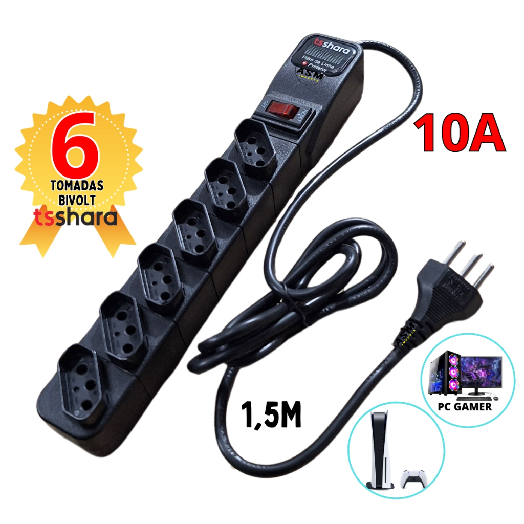 Filtro de Linha 6 Tomadas Bivolt 10A Regua Eletrica Ts Shara Top 3 Pinos 1,5Metro chave liga ...