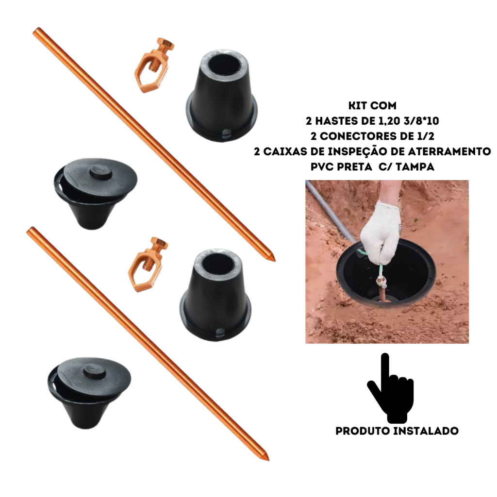 2 HASTE PARA ATERRAMENTO 3/8X1,20CM 10MM + 2 CONECTOR DE 1/2 + 2 CAIXAS ...