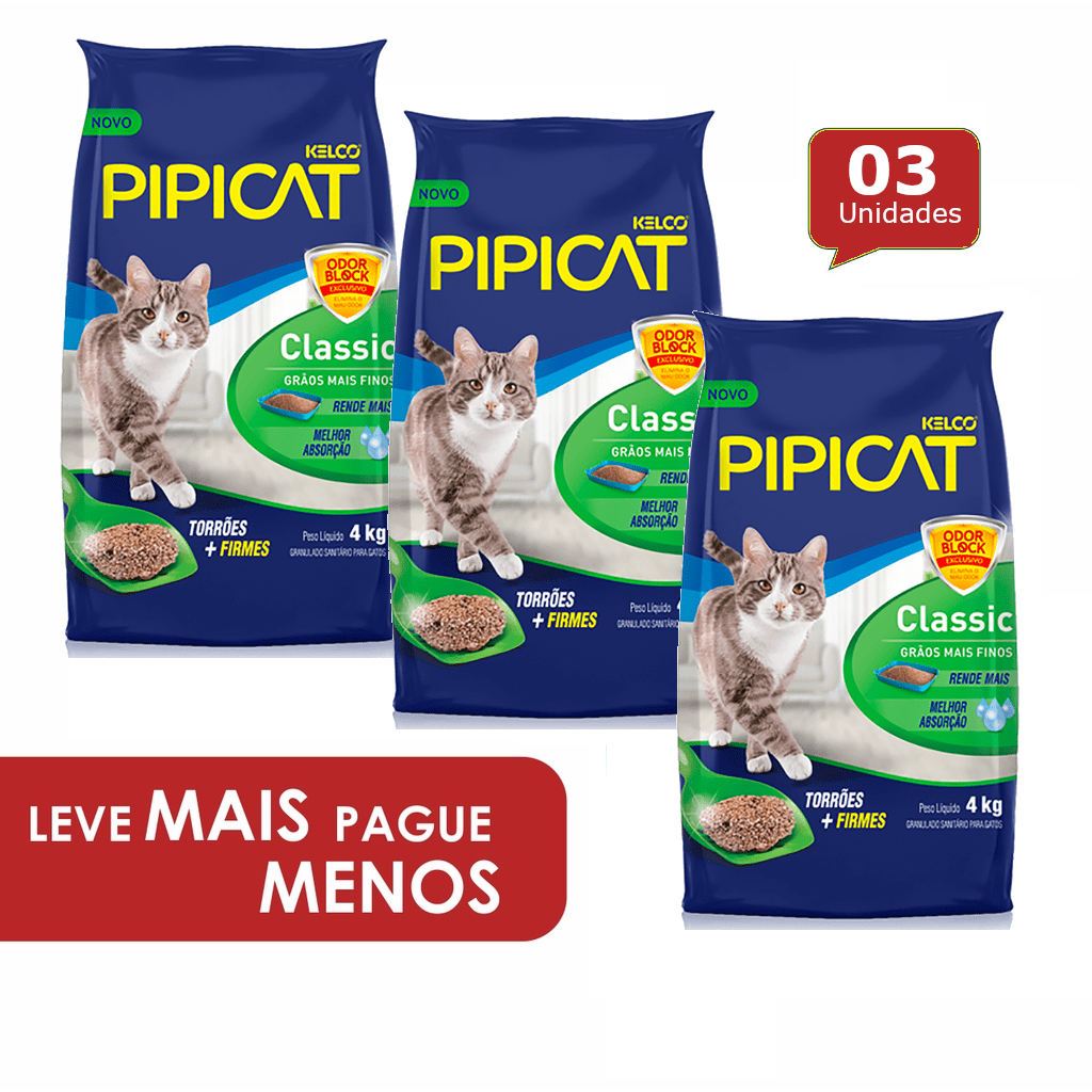 KIT 03 Granulado Higiênico Pipicat Classic Areia Para Gato - 12kg ...