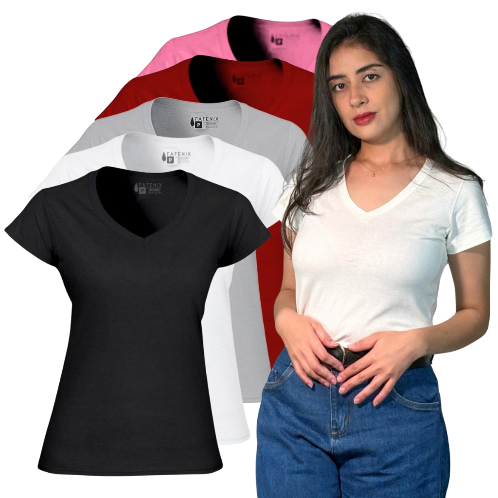 Kit 5 Camisetas Blusinhas Feminina Baby look Gola V Lisa Algodão Fio 30.1 Fafenix Original ...