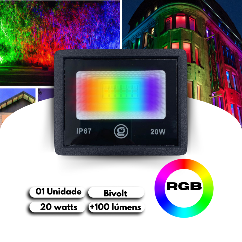 Kit 4 Mini Refletor Led RGB 20W Smd Holofote IP65 Slim Bivolt Colorido ...