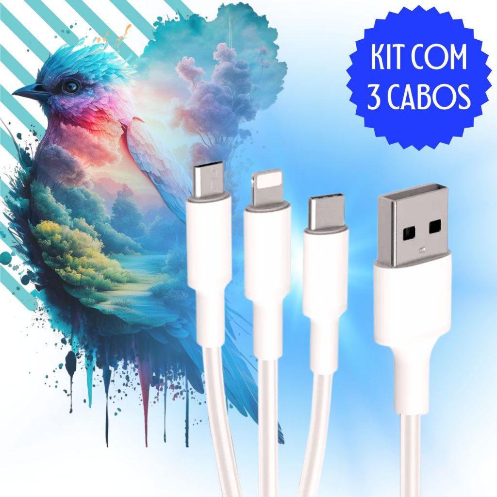 Kit 3 Cabos Carregador de Dados ou Tipo C, Iphone, Micro usb, Tipo C com Tipo C Turbo gohit ...