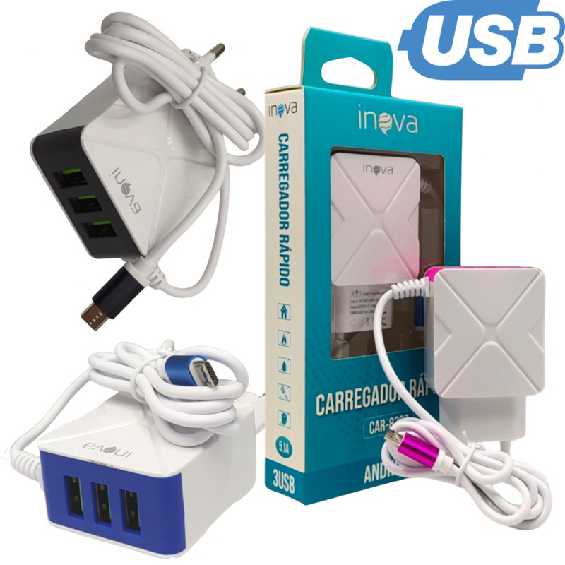 Carregador Completo com Fio 5.1A Tipo V8 e 03 portas USB INOVA CAR-8397-V8. | Shopee Brasil