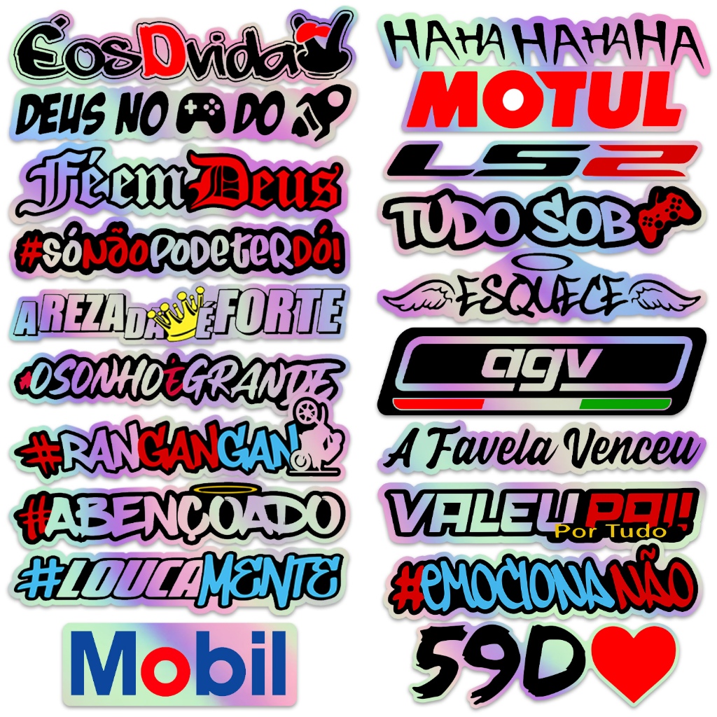 Kit 20 Adesivos Frases Holográfico Camaleão Carro Moto Bike Bag Caderno Notebook Sticker Cartela ...