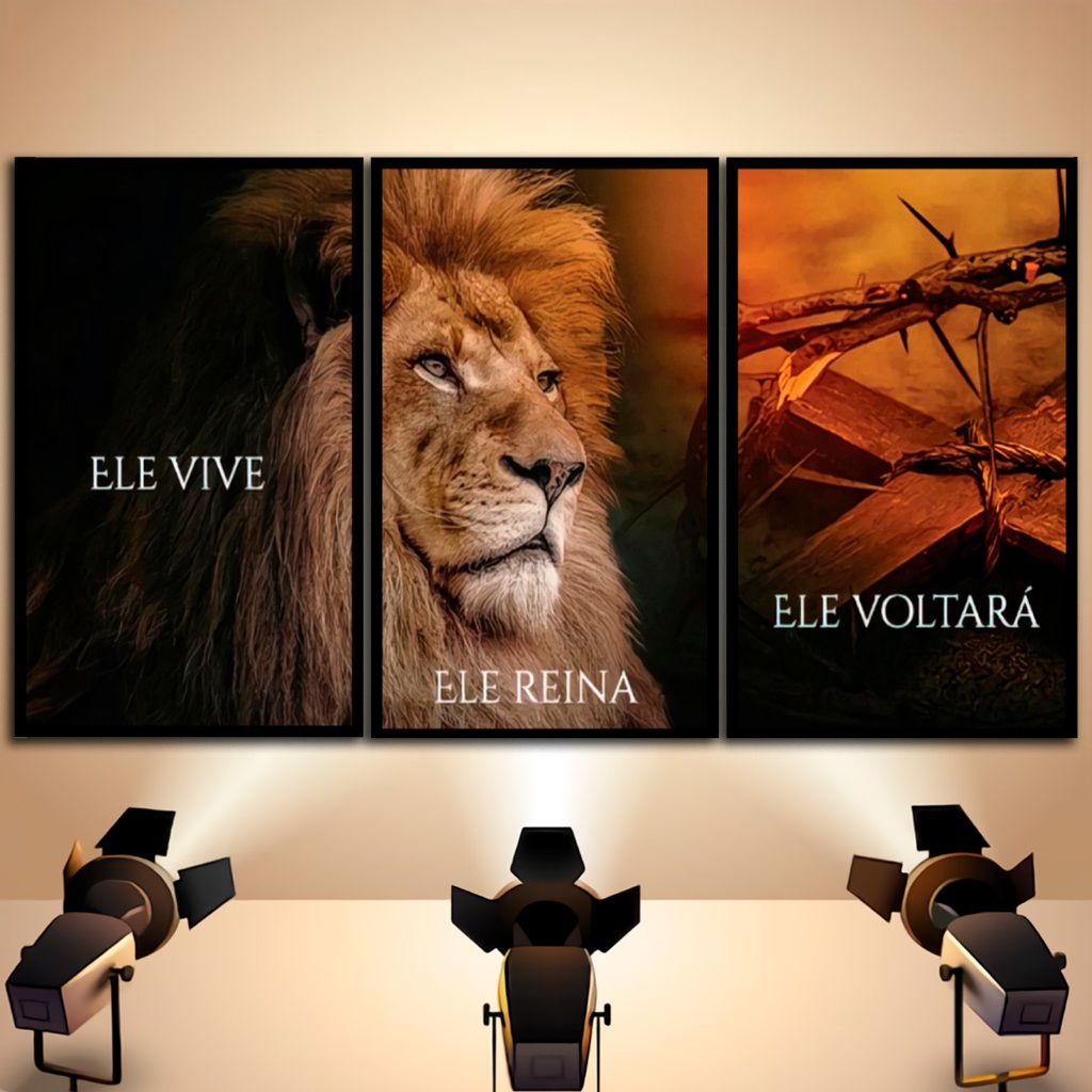 Quadro Decorativo Sala Leão Juda Ele Vive Ele Reina Religioso Para Sala ...