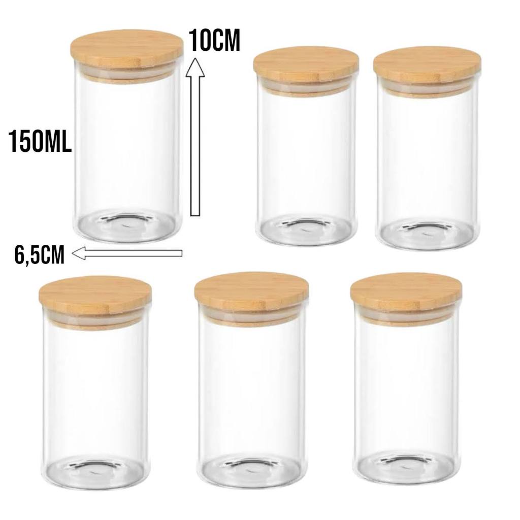 Kit 6 Pote de Vidro Hermético 150ml 110ml 200ml Bambu Mantimento Tempero | Shopee Brasil