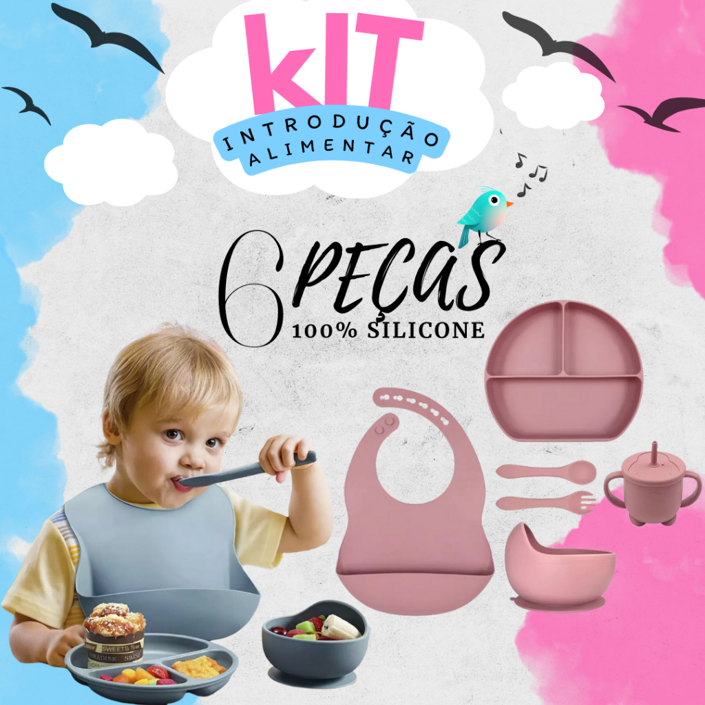 KIT refeição silicone introdução alimentar Bebê prato babador talher ...