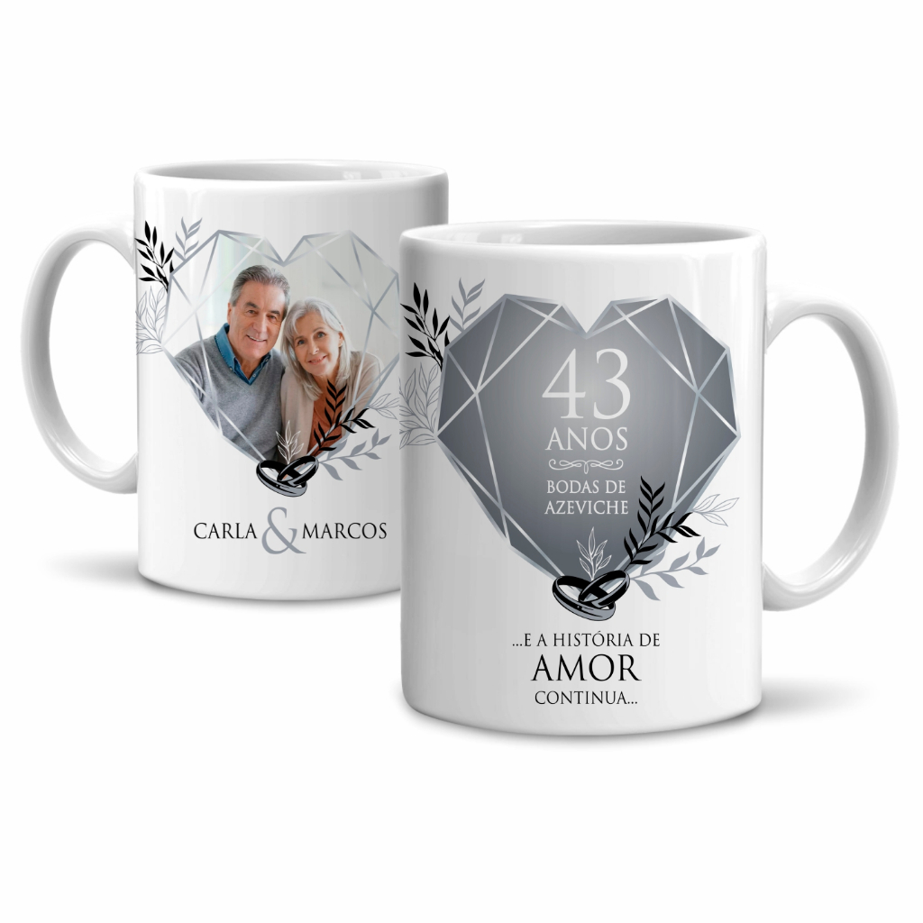 Caneca Bodas de Azeviche 43 Anos Personalizada com Foto e Nomes em ...