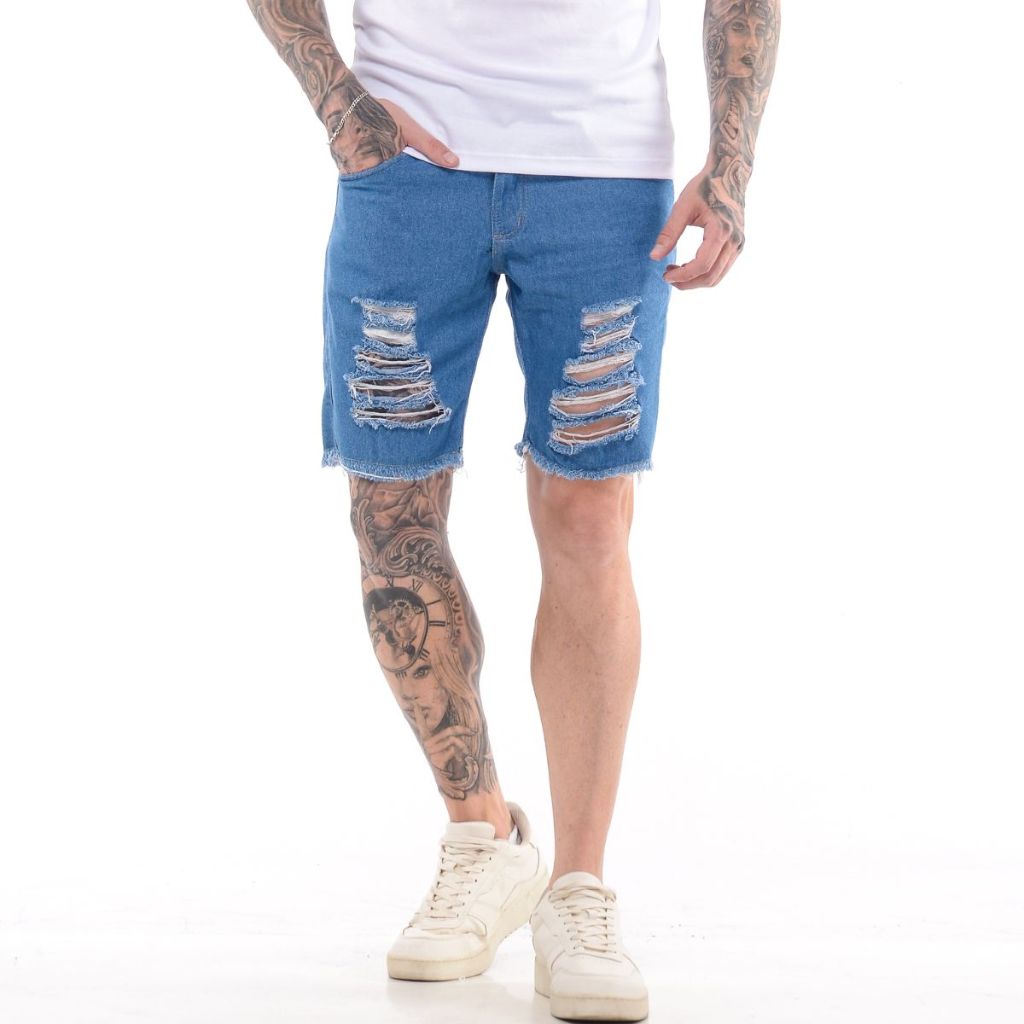 Shorts masculinos Jeans rasgados estilo jogador destroyed | Shopee Brasil