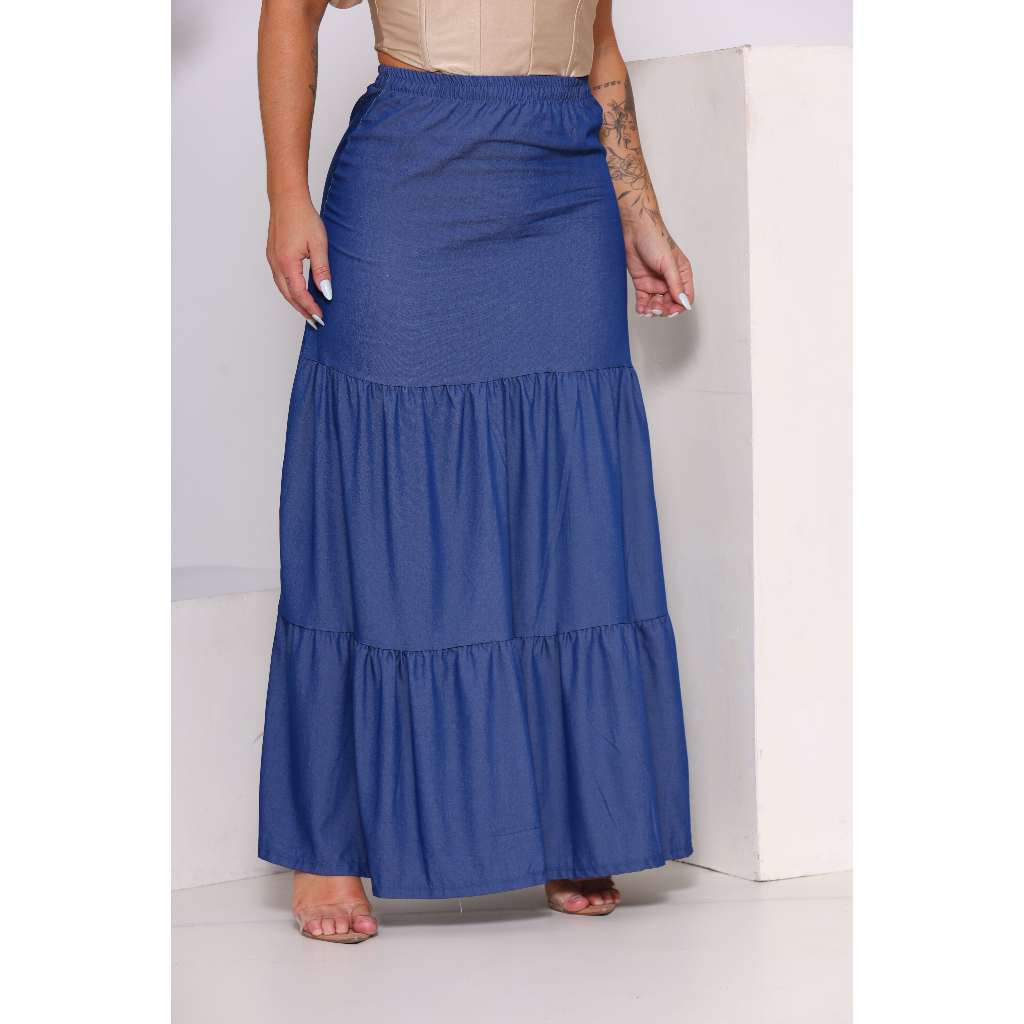 Saia Longa 3 Marias Bordada Tencel "Jeans" Plus Size Moda Evangélica Feminina com Babado ...