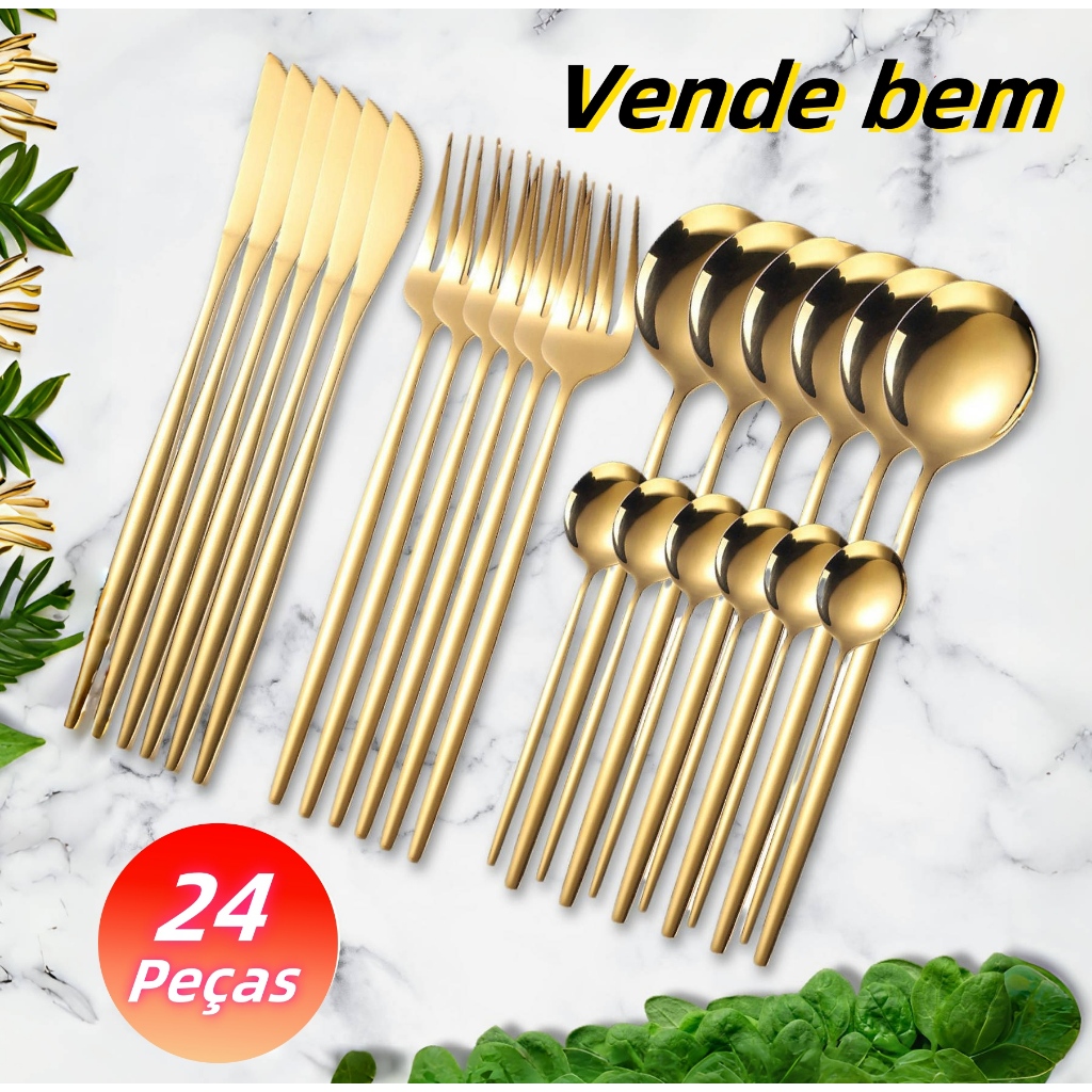Kit 24 Aço Inoxidável De Dourado Talheres Para Uso Em Casa E ...