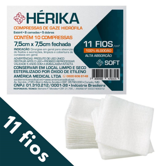 COMPRESSA HERIKA 11 FIOS 15X30 PREMIUM ESTERIL - AMED (PACOTE COM 10 ...