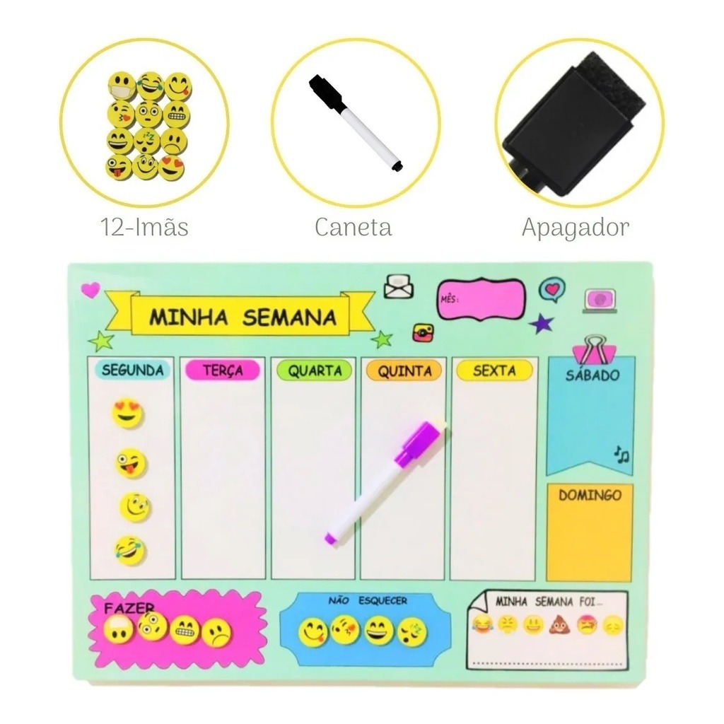 Painel Mural de Recados Infantil Minha Semana Verde agua + Caneta + 12 ...