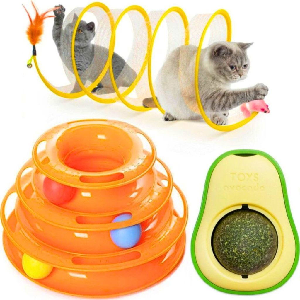 Kit Brinquedo Interativo Para Gato Pet Torre Bolinhas Mola Espiral ...