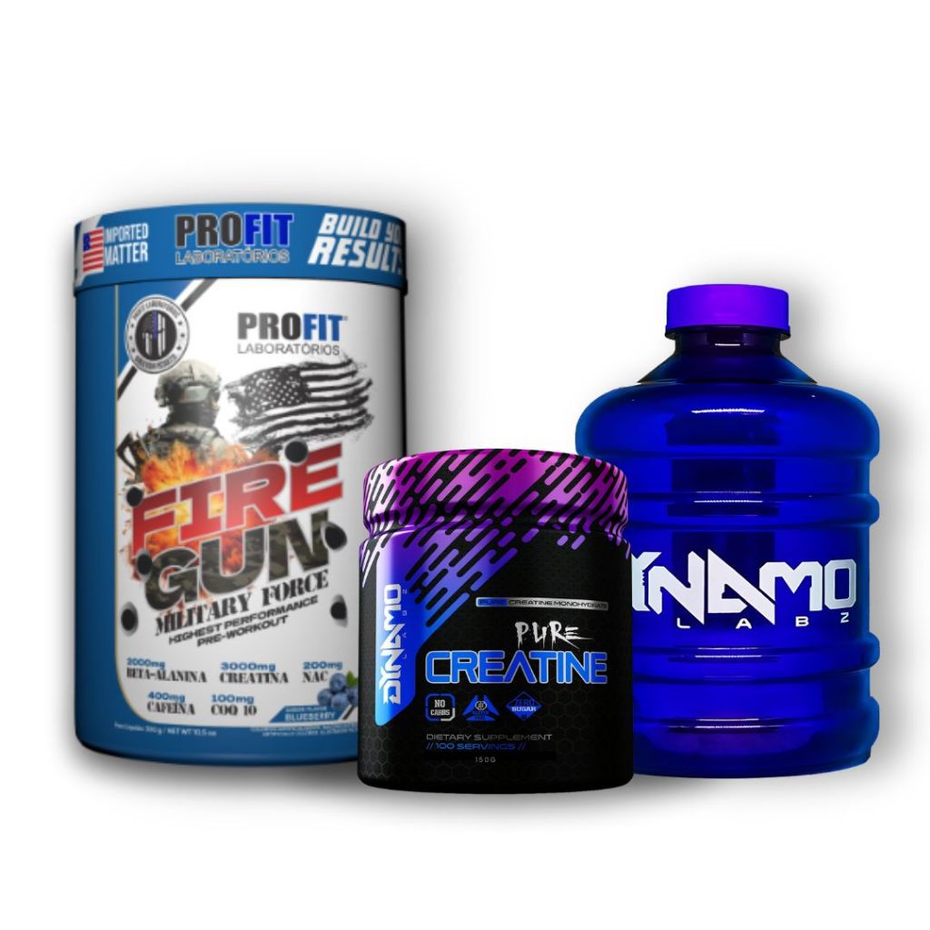 KIt Pré Treino Fire Gun 300g Profit + Creatina 100% Pura 150g e Galão ...