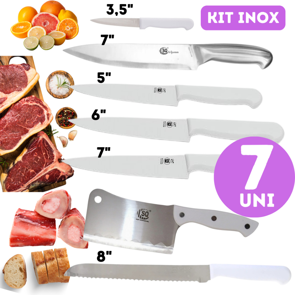Kit 7 Unid .Inox 6 Facas + 1 Cutelo Corte Cocção Uso Doméstico ...