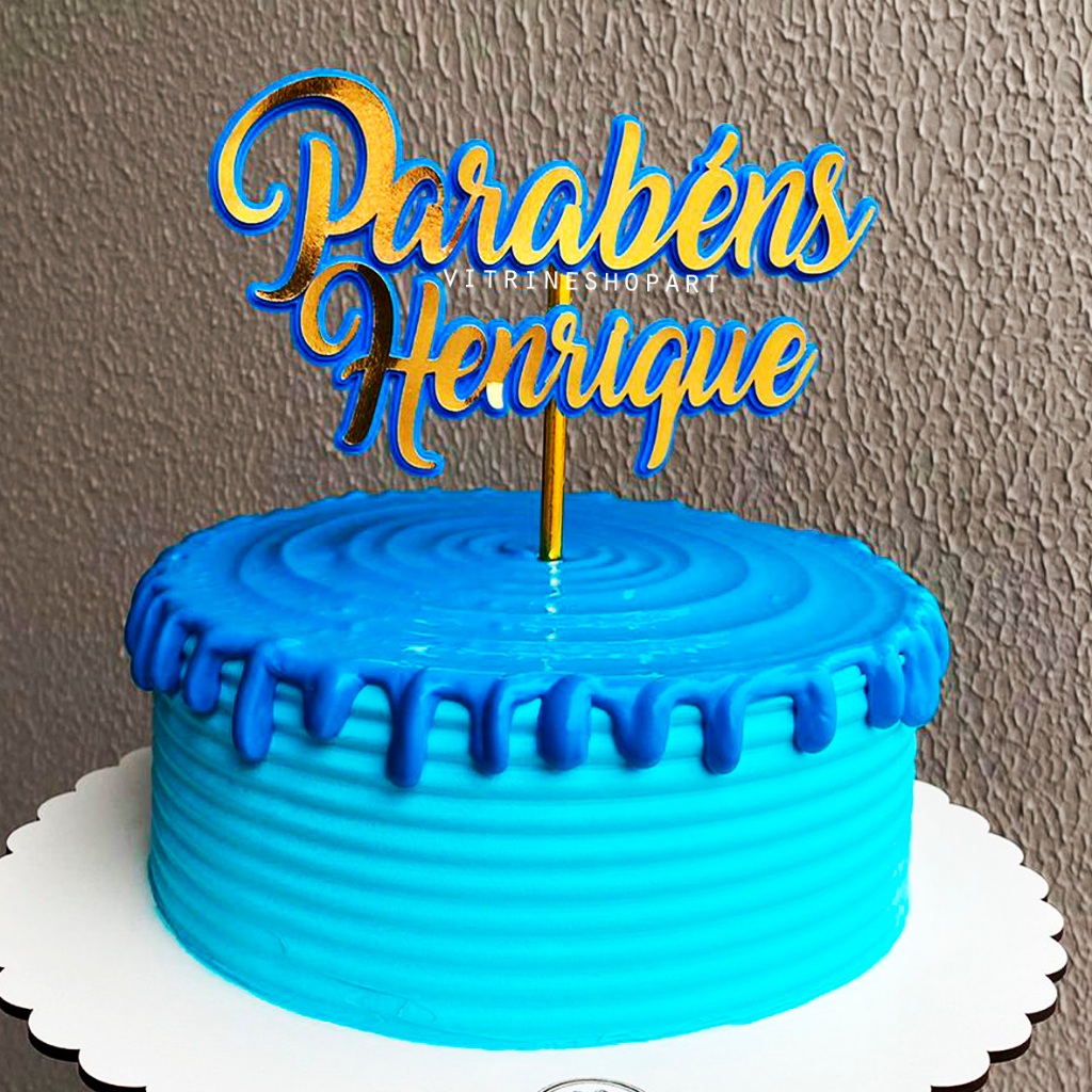 Topo de Bolo Parabéns Dourado e Azul Cake Topper Dourado Topper de Bolo ...