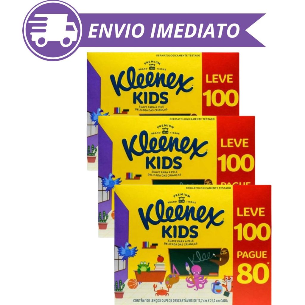 Kit 3 Lenços Kleenex Kids Descartável Com 100 Folhas de 12,7cm X 21,2cm ...