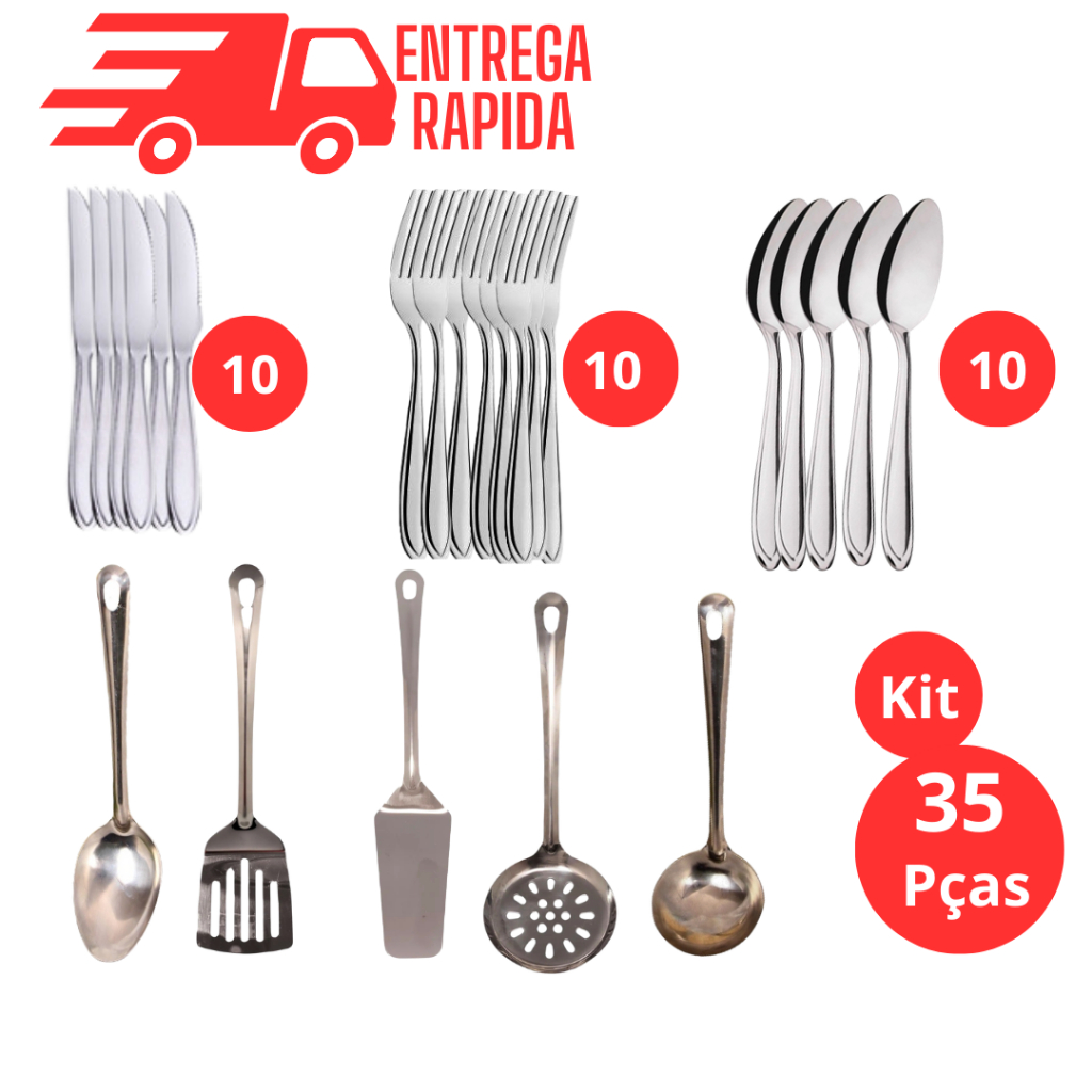 kit 30 Talher Mesa Aço Inox 5 Utensílios Cozinha 1 Concha 1 Escumadeira ...