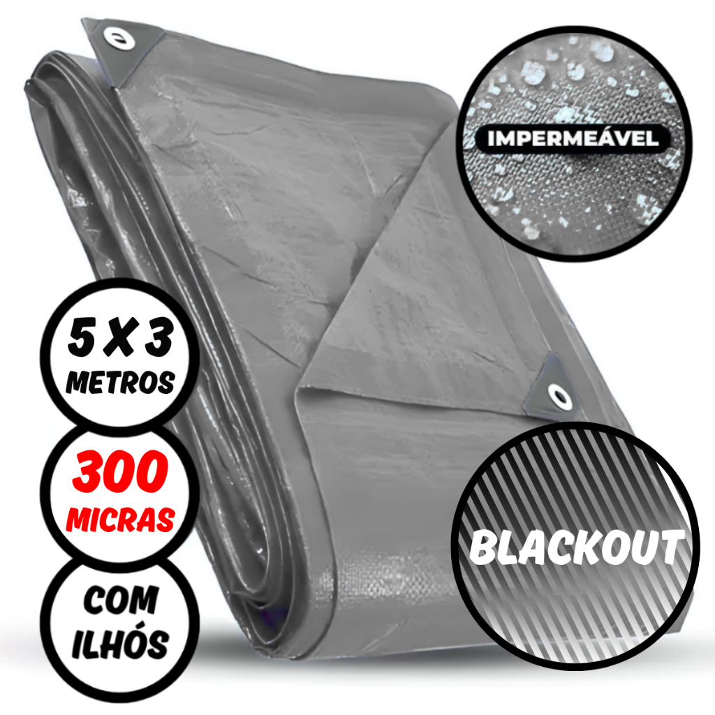 Lona Blackout Impermeável 5 x 3 Metros Cinza com Ilhós Reforçados 300 ...