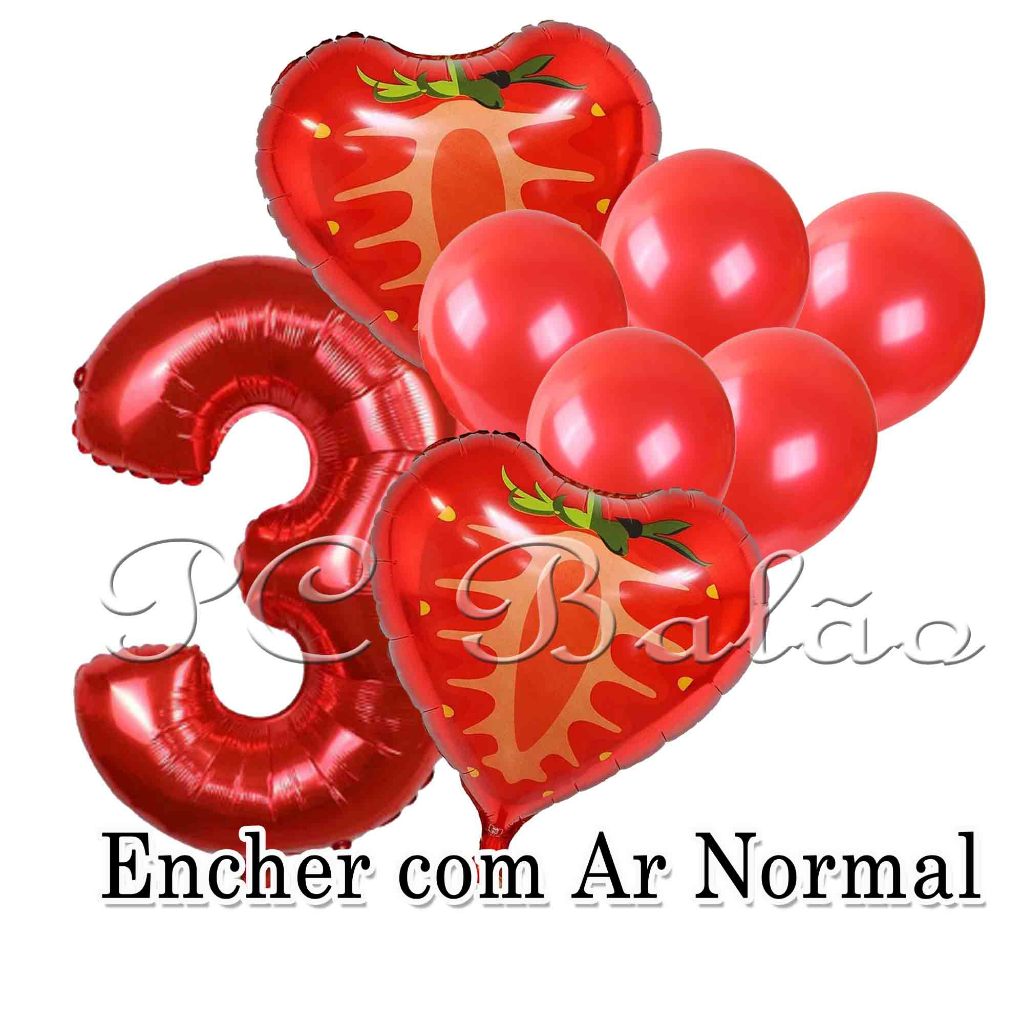 Kit 8 Balão Metalizado 2 MORANGO 45CM + 1 Número 70CM VERMELHO + 5 BEXIGA 10 Polegadas VERMELHAS ...