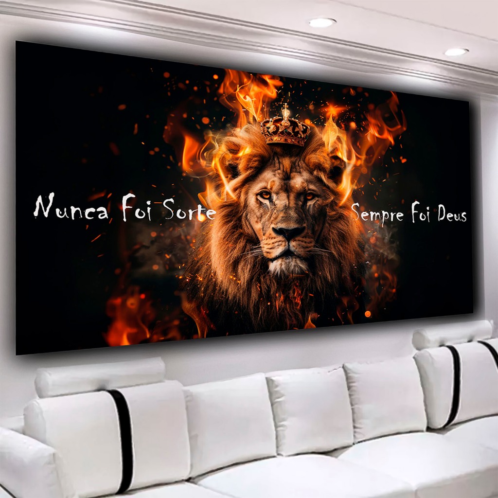 Quadro Decorativo 112X80 Leão de Judá Rei Fogo Nunca Foi Sorte Sempre ...