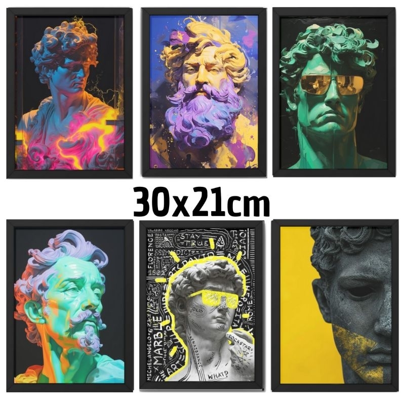 Quadros Decorativos DAVID, MICHELANGELO, GREGO, VAPORWAVE Moldura A4 ...