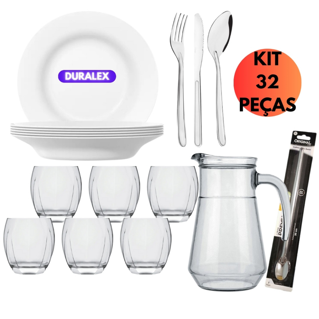 Kit Aparelho Jantar Vidro 32 Peças C/ 06 Prato Menu Fundo +06 Copo ...