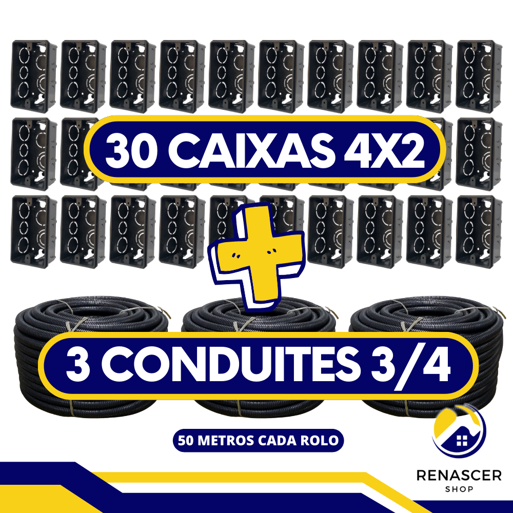 Conduite Corrugado 3/4 Preto 50 Metros Kit 03 Conduites + 30 Caixas 4x2 ...