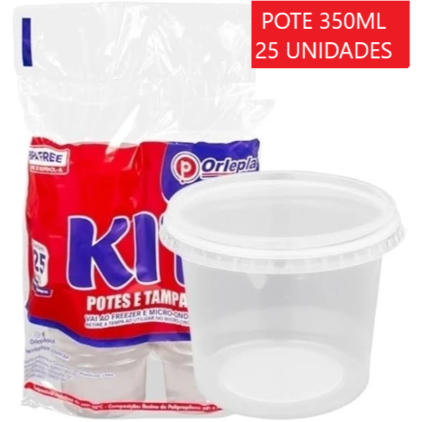 Pote Plástico 350ml Descartável Redondo c/tampa Orleplast - pacote com 25 unidades | Shopee Brasil